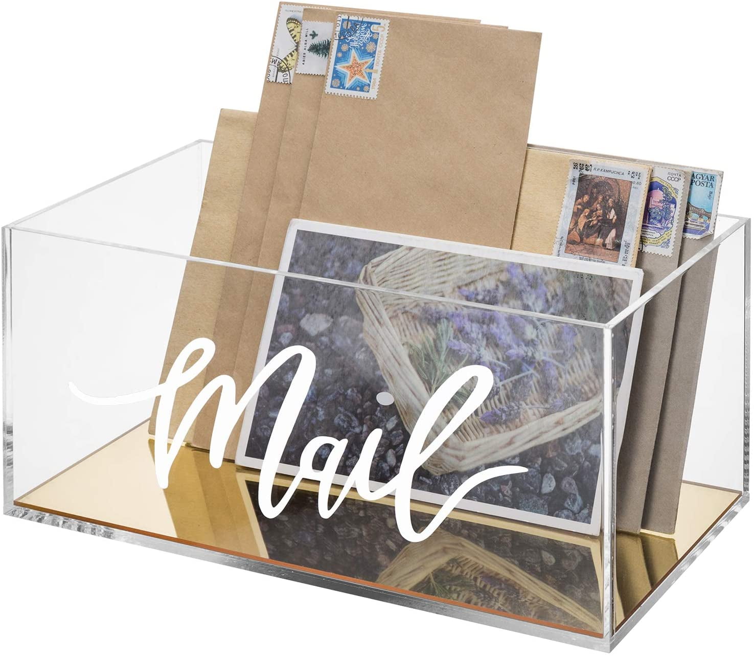 MyGift Modern Clear Acrylic Mail Storage Box with Brass Mirror Bottom ...