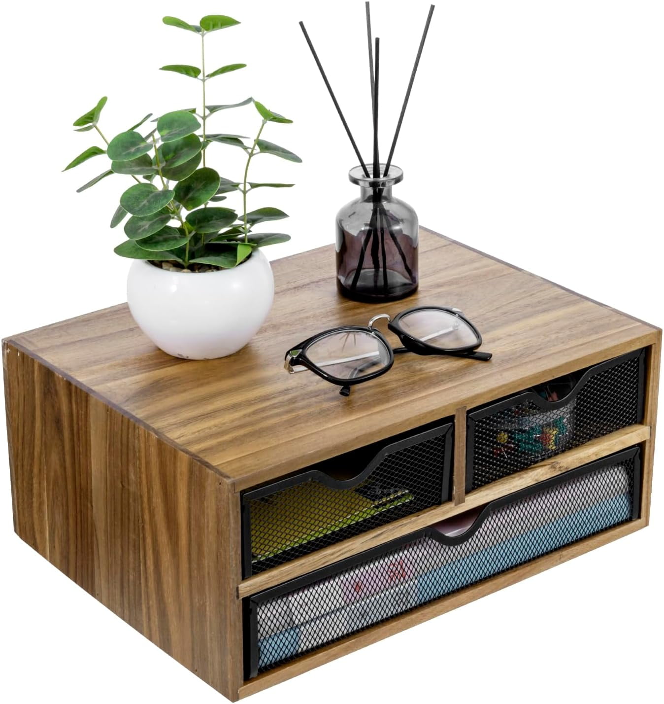 MyGift Premium Acacia Solid Wood Desktop Organizer Box with 3 Removable ...