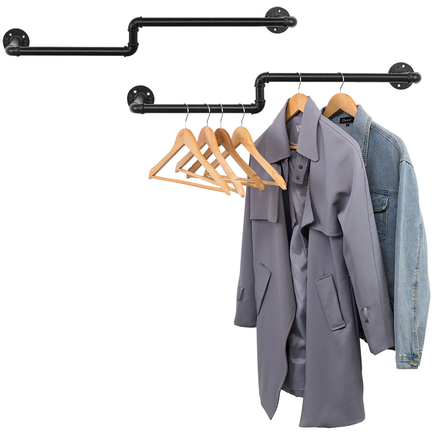 MyGift Set of 2 Black Metal Pipe Garment Bars, Tiered Industrial Cloth ...