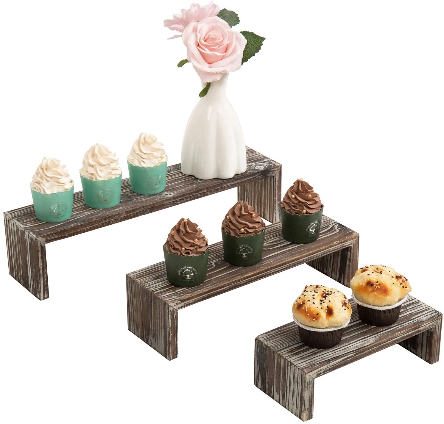 MyGift Set-of-3 Brown Torched Wood Nesting Display Riser Stands Rack ...
