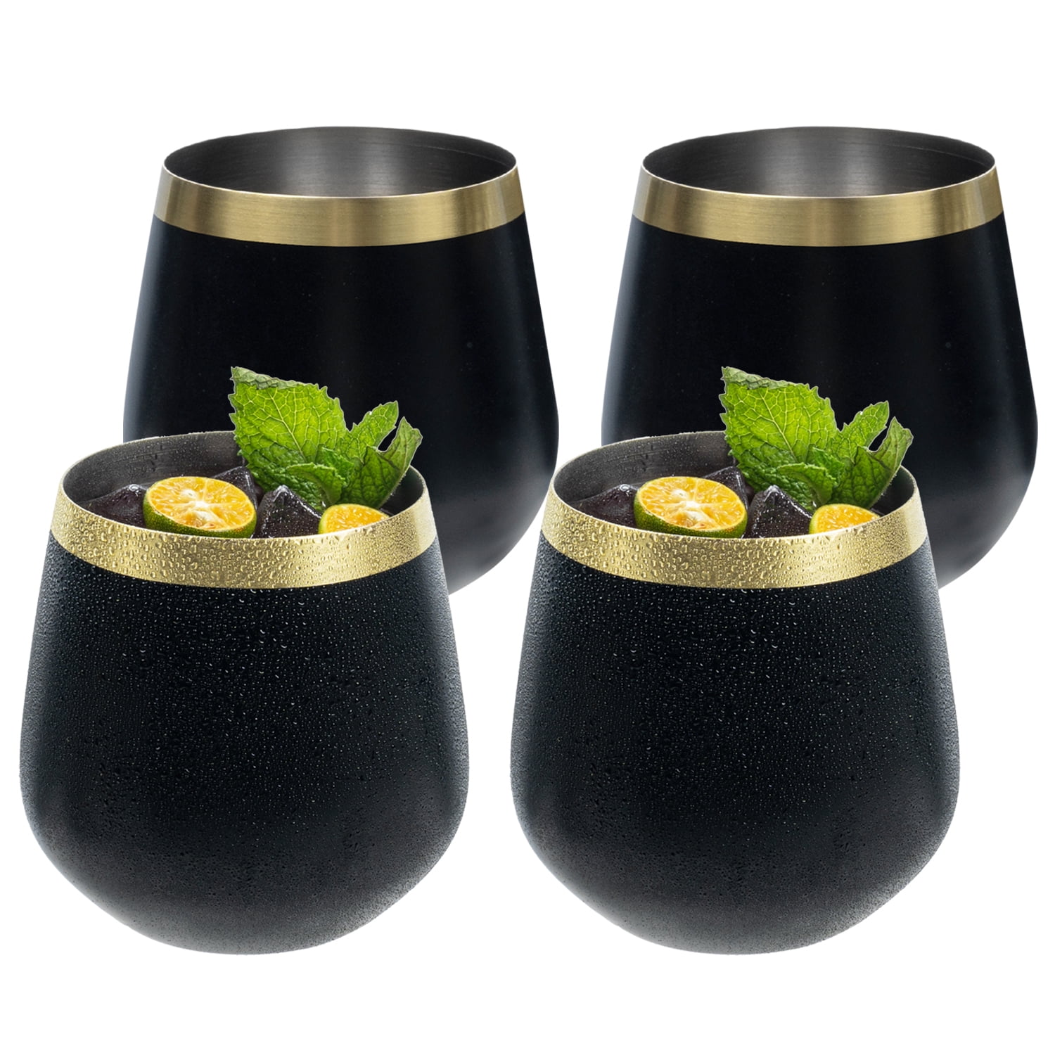 MyGift Set of 4 Matte Black Stainless Steel Stemless Glassware with ...