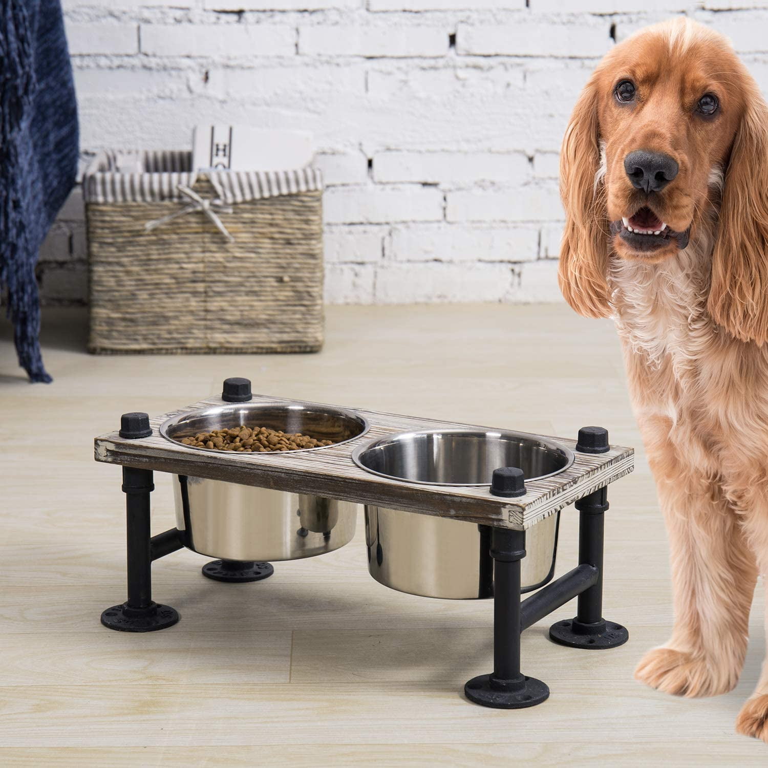 MyGift Torched Brown Wood and Industrial Metal Elevated Pet Feeder ...