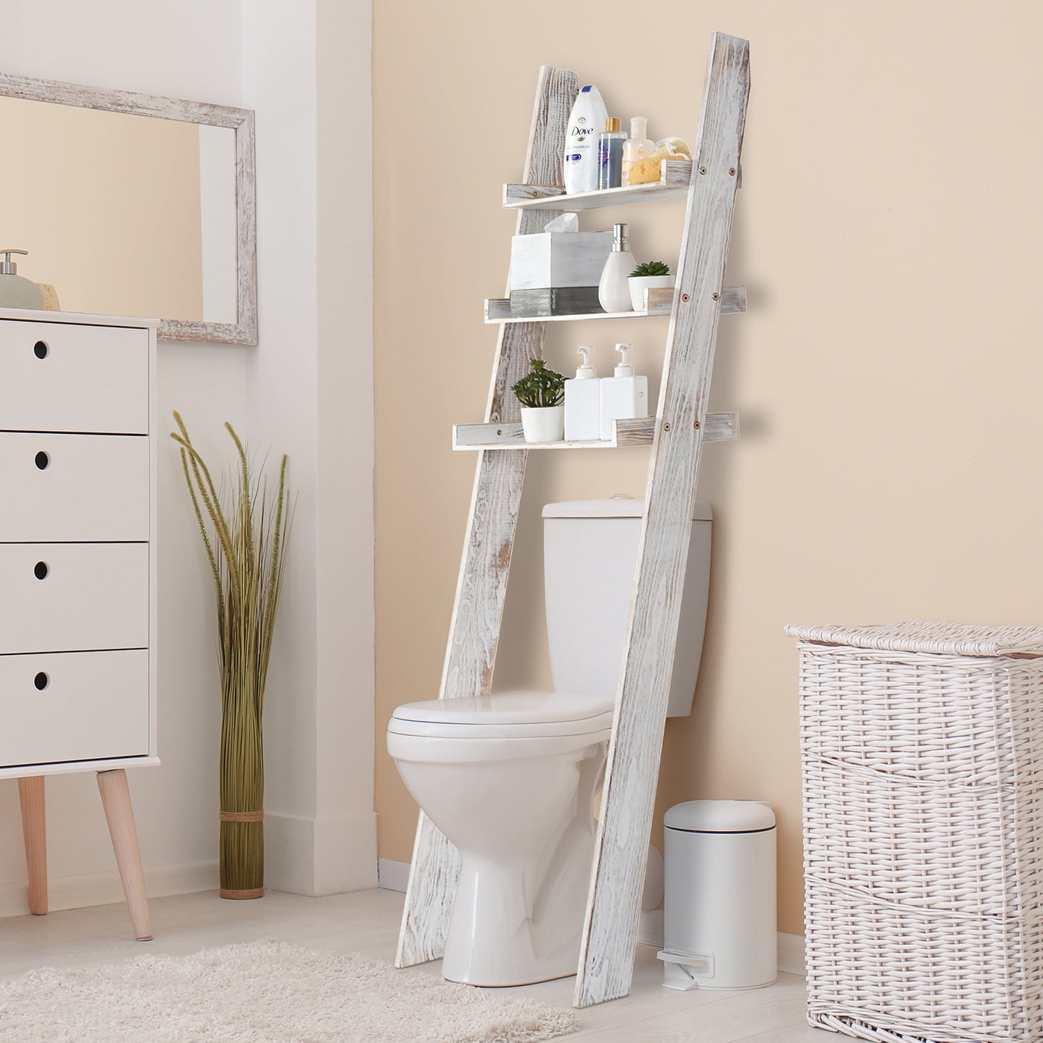 MyGift 3-Tier Whitewashed Wood Over-The-Toilet Ladder Shelf, Rustic ...