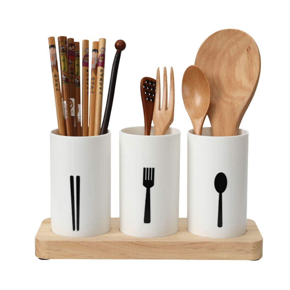 MyLifeUNIT Kitchen Utensil Caddy, Flatware Organizer with Wood Base ...