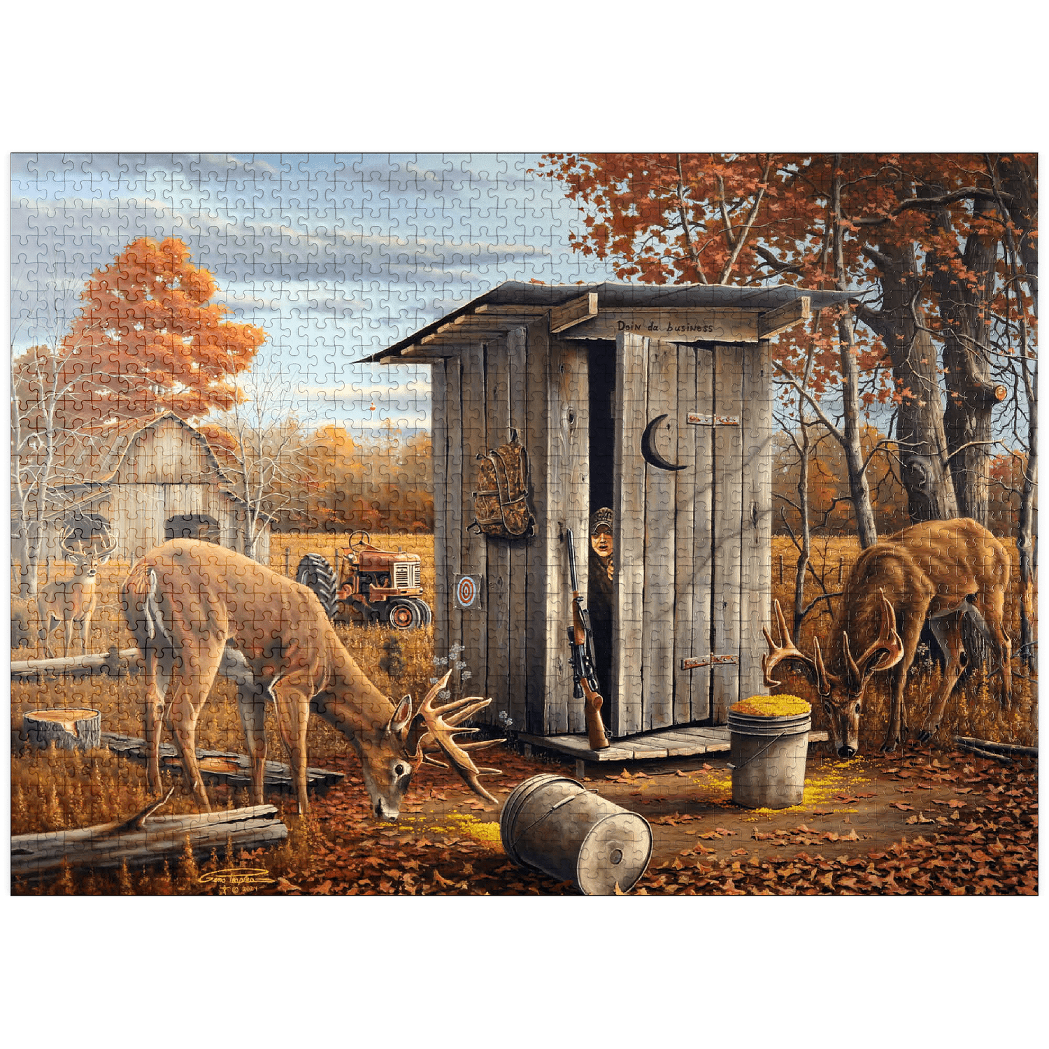 MyPuzzle - Autumn Deer Surprise At Hunting Cabin - Premium 1000 Piece ...