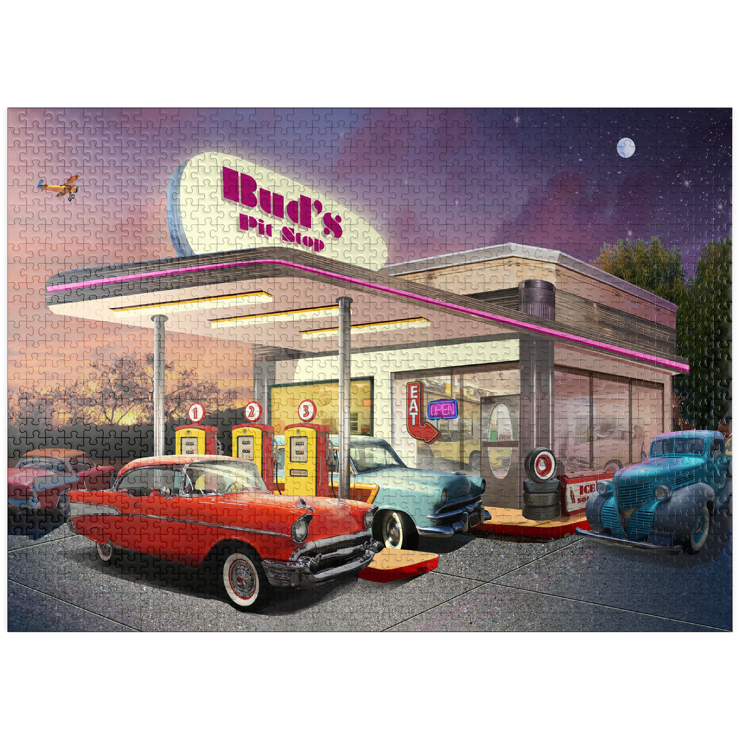 MyPuzzle - Retro 1950s Diner And Gas Station Scene - Premium 1000 Piece ...