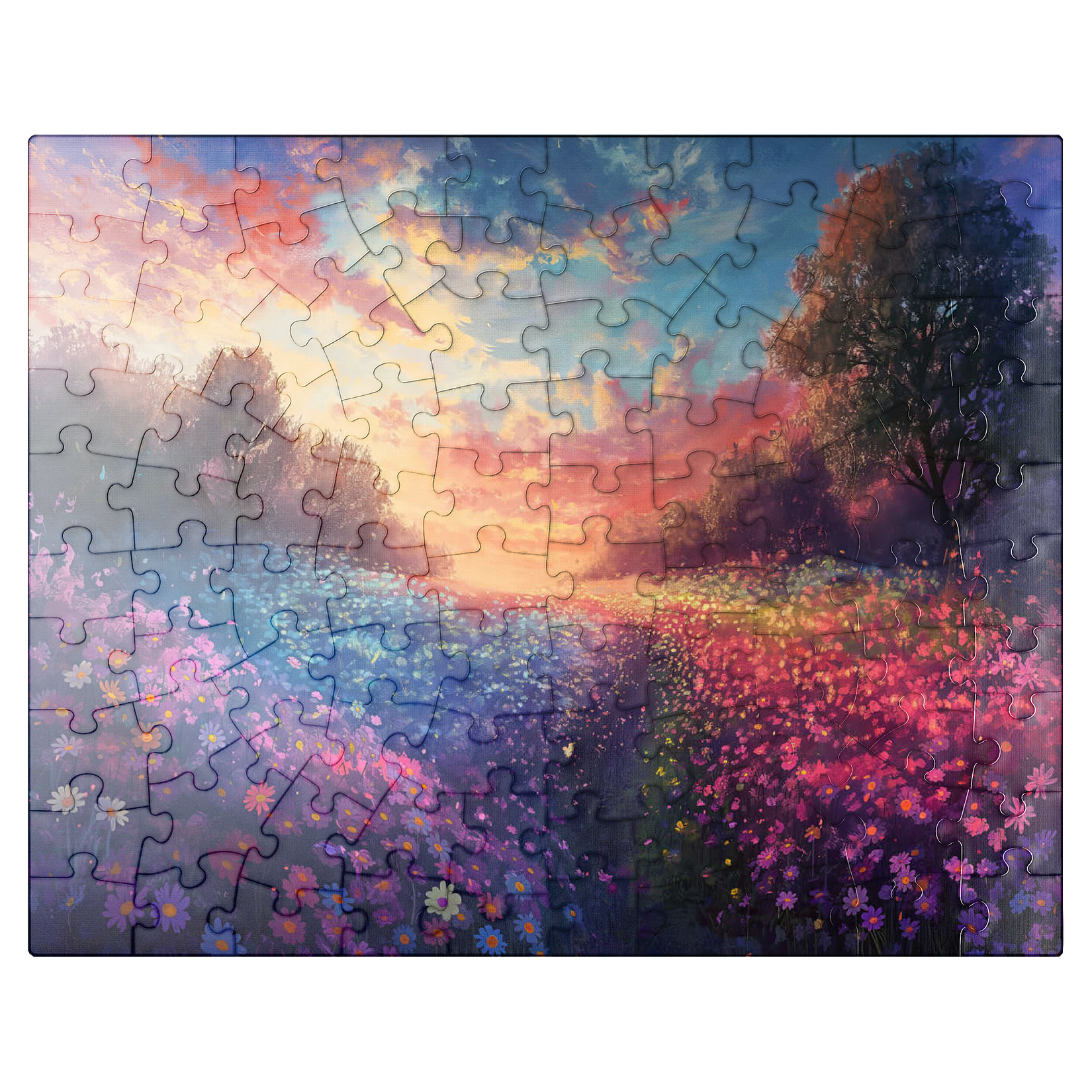 MyPuzzle - Sunset Over Vibrant Flower Fields - Premium 100 Piece Jigsaw ...
