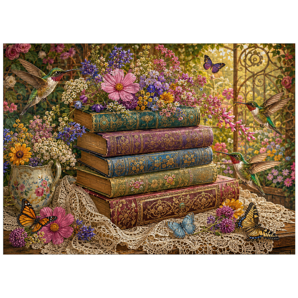 MyPuzzle - Wildflower Book Stack With Hummingbirds - Premium 300 Piece ...