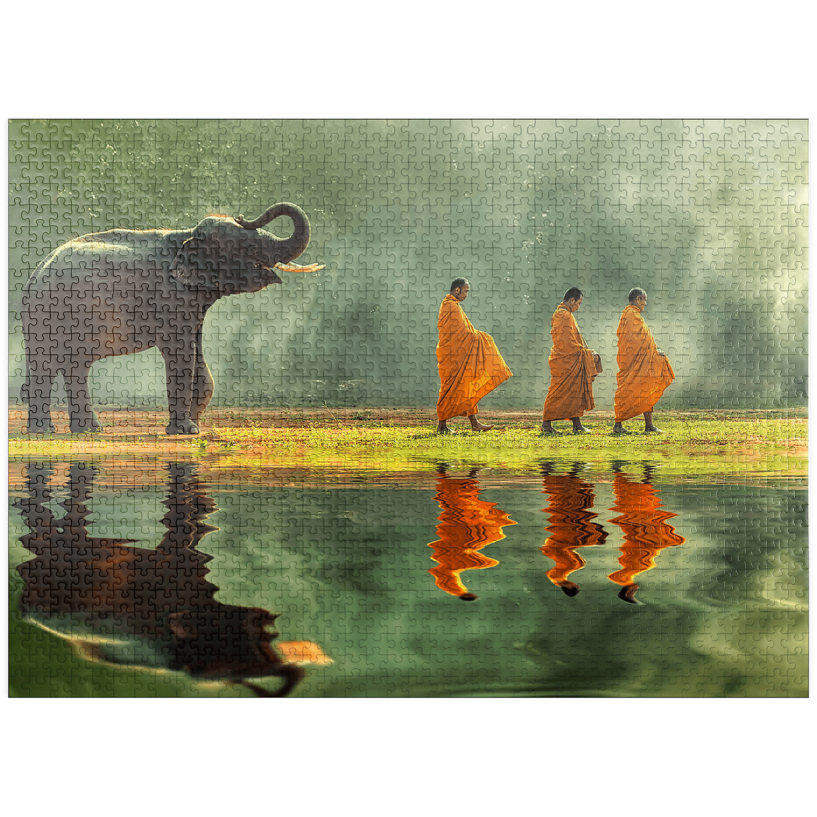 MyPuzzle - Young Elephants With Monk Sallies Round - Premium 1000 Piece ...