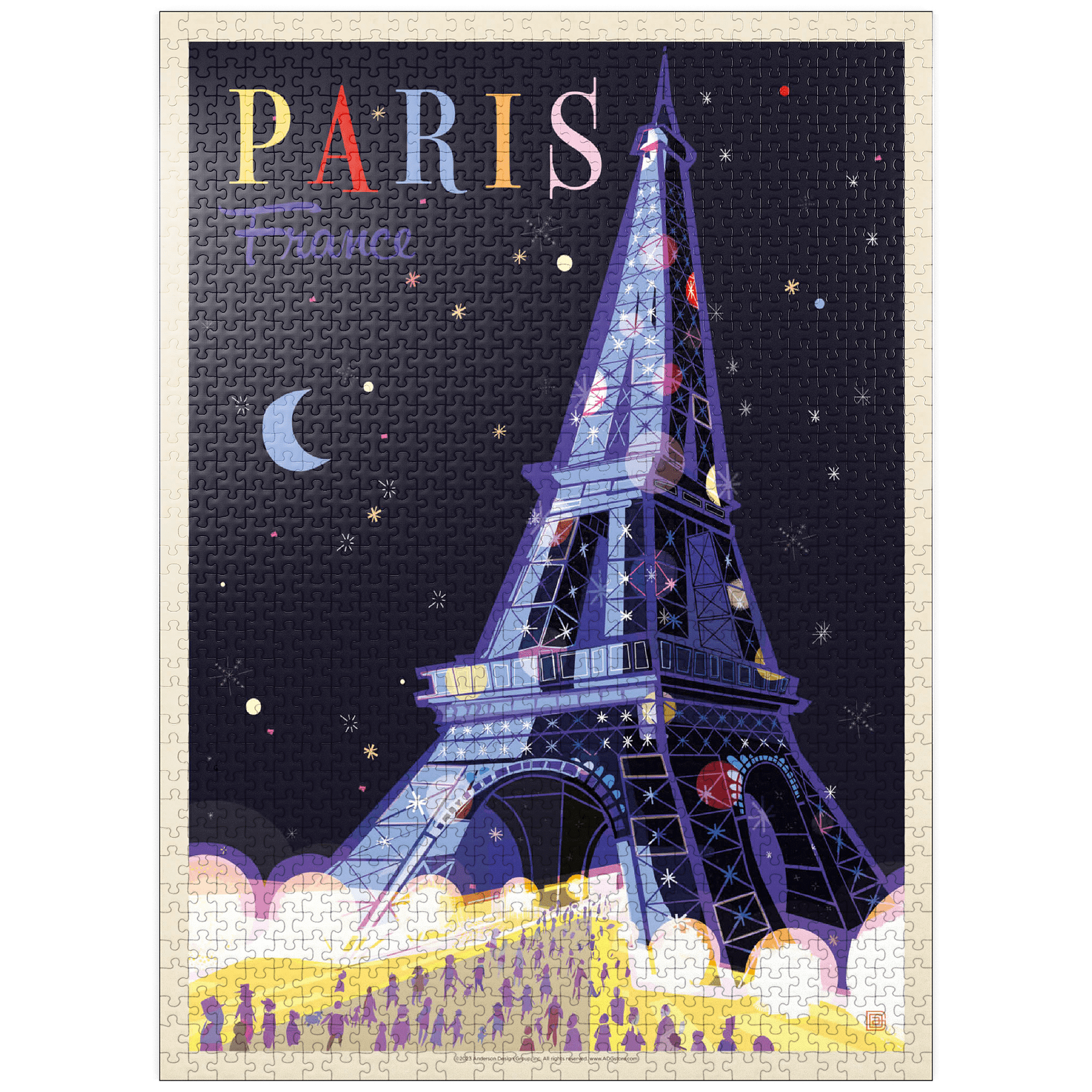 MyPuzzle - France: Paris, Eiffel Tower At Night (Mod Design), Vintage Poster - Premium 1000 ...