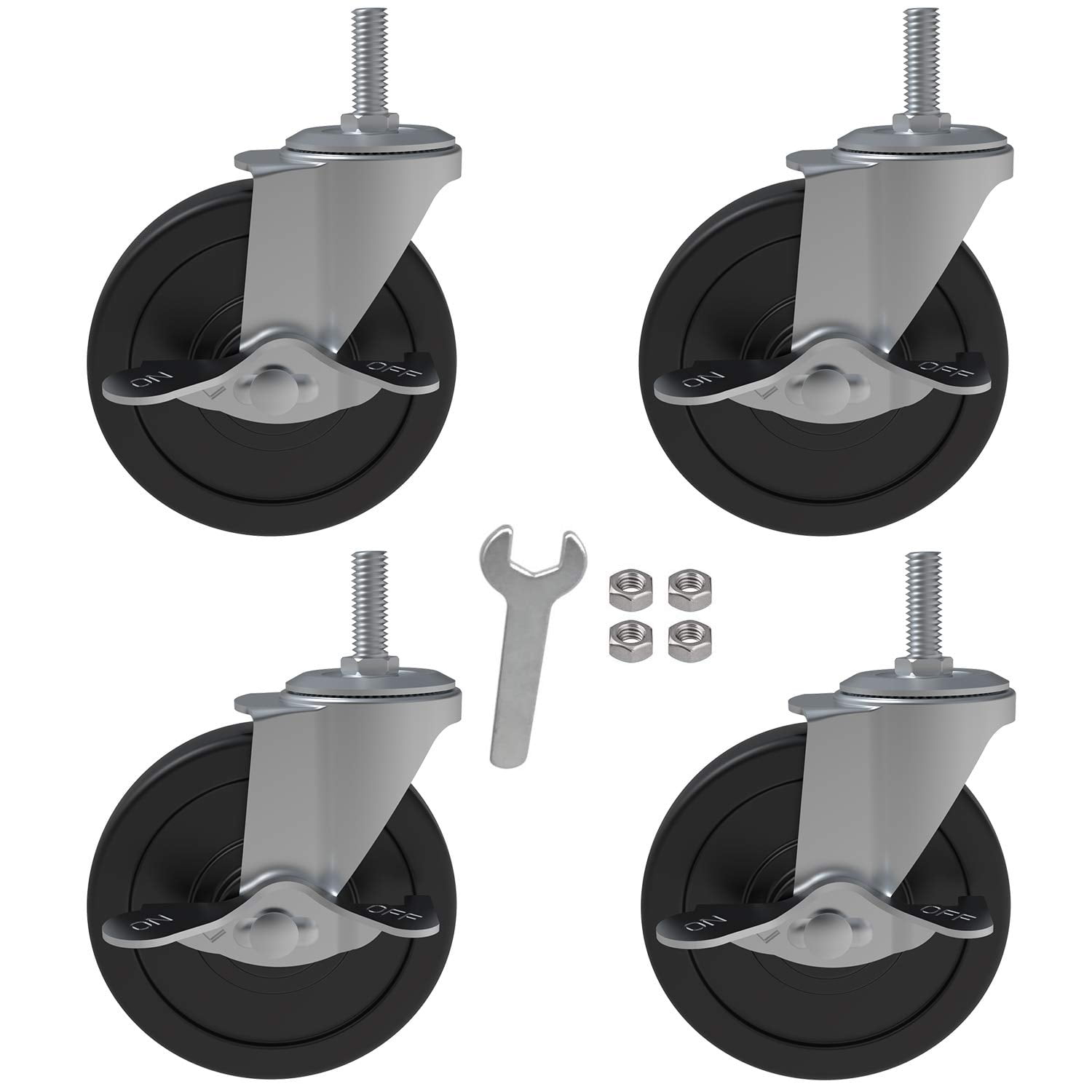 "MySit 4"" Brake Threaded Stem Casters, Swivel Rubber Wheels with Lock ...