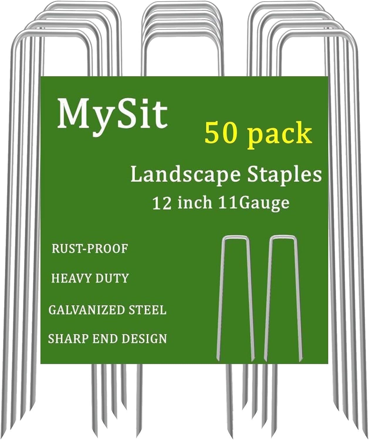 "MySit 50 Pack Heavy Duty 12"" Galvanized Steel Lawn Ground Sod Anchor ...