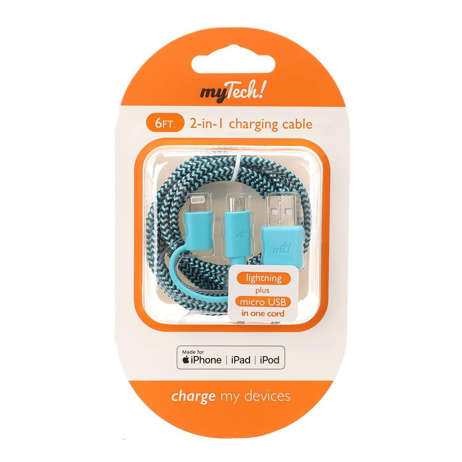 MyTech My Tech, 6Ft Micro USB, Lightning 2 In 1 Cable, Black-Blue, 1 each, sold by each ...