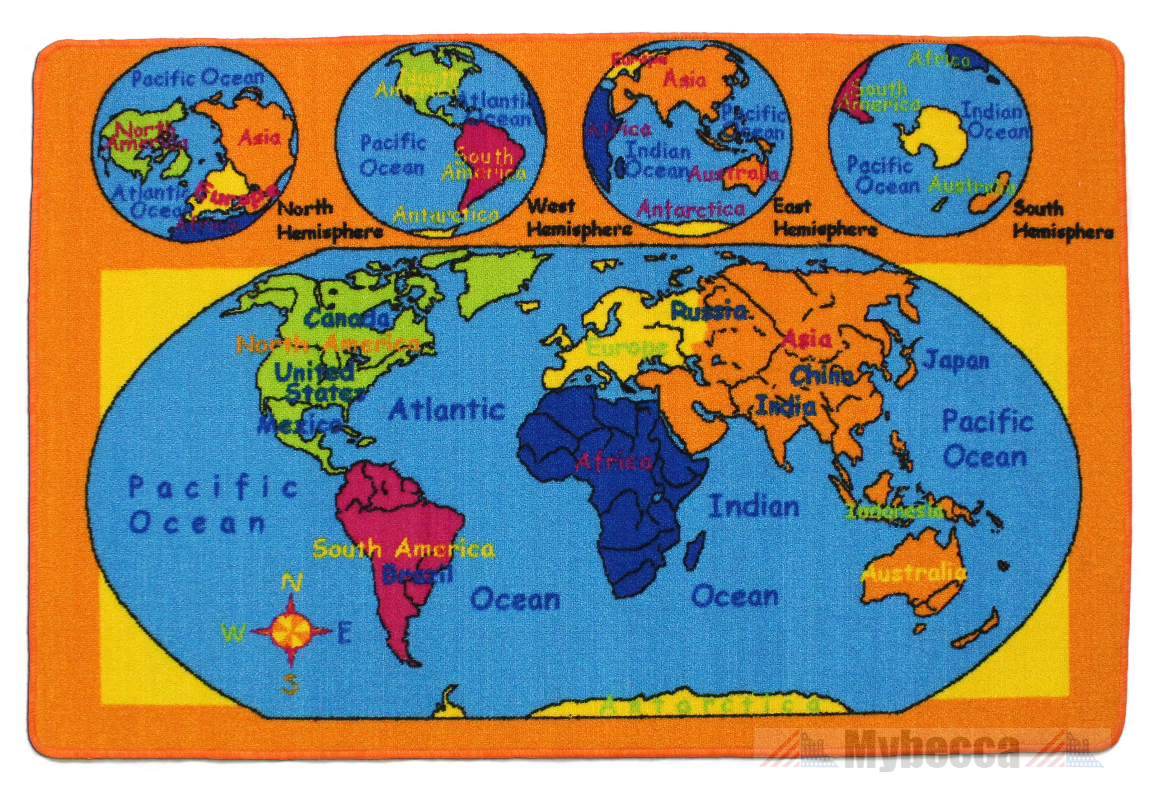 Mybecca Kids Rug Orange World Map Children Learning Carpet 8' x 10 ...