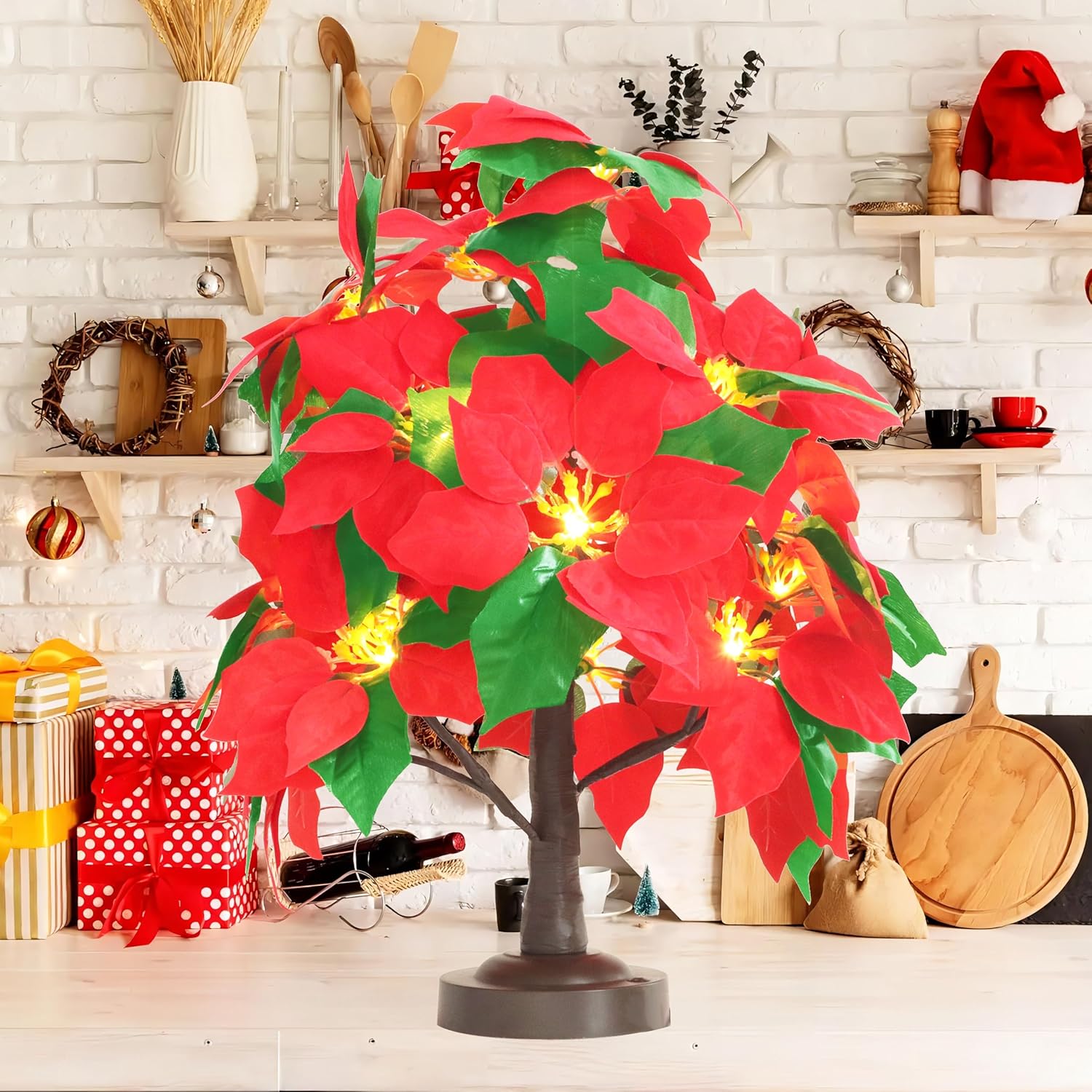 Mycznsyard Red Poinsettia Tree Light 18 LED Tabletop Christmas ...