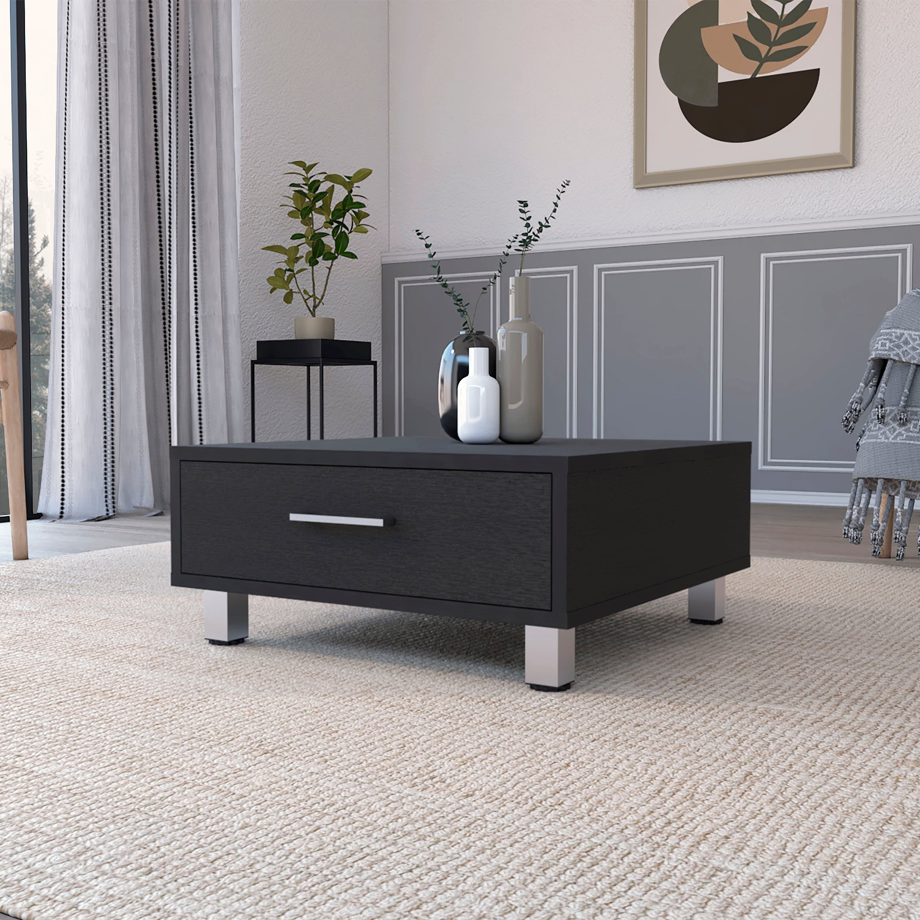 Myers Coffee Table,Four Legs,One Drawer,Black Engineered Wood Furniture ...