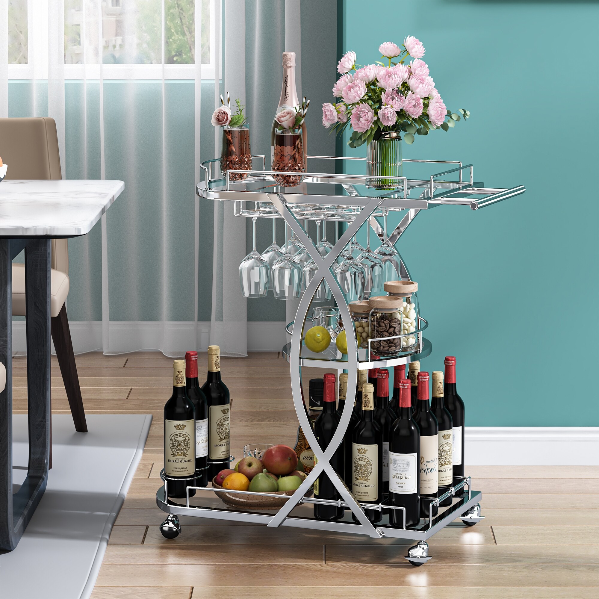 Myhozm Metal Glam Bar Cart with Glass Shelves and Wine Rack Chrome - Walmart.com