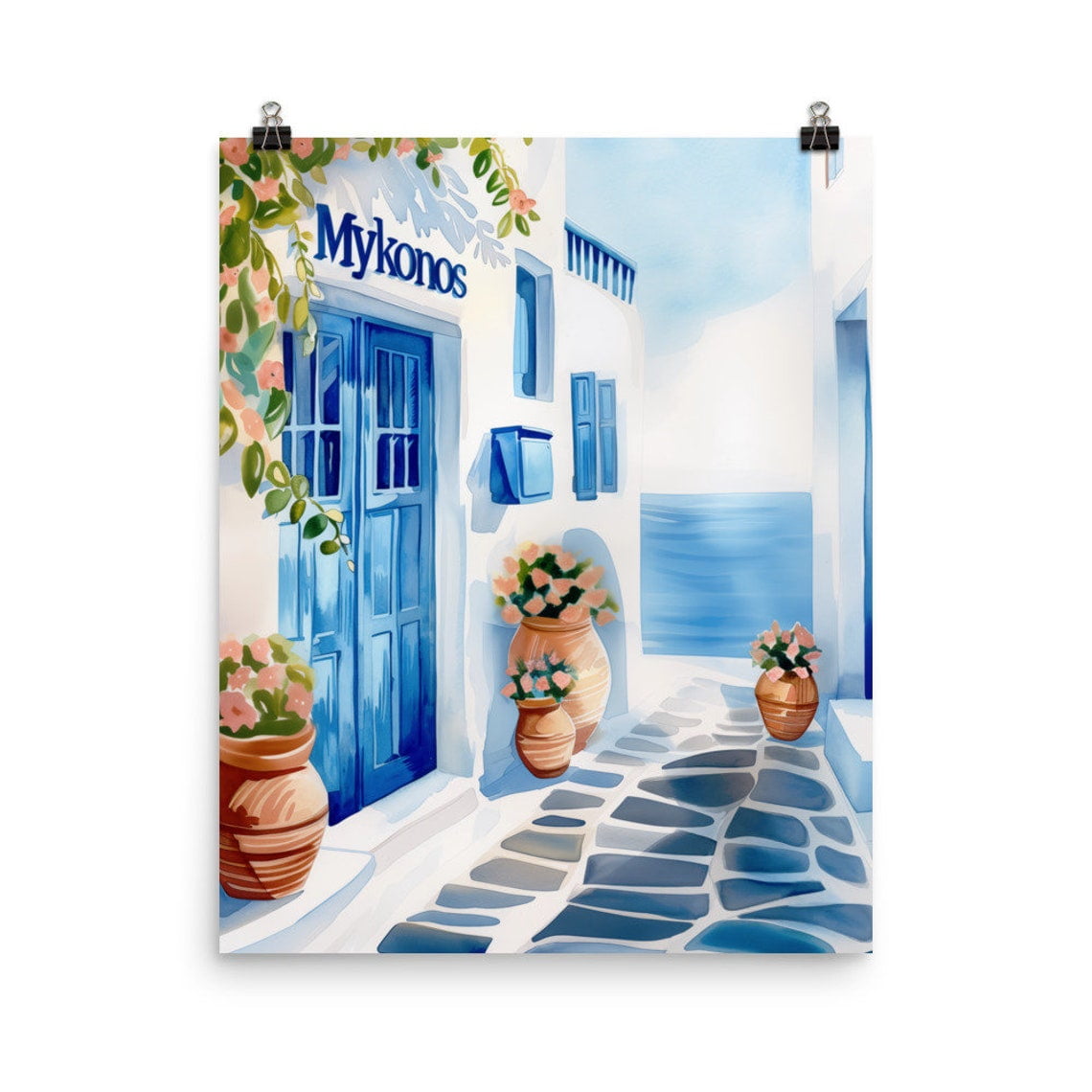 Mykonos Print, Greek Island Wall Art, Cycladic Seaside Print, Blue Door ...