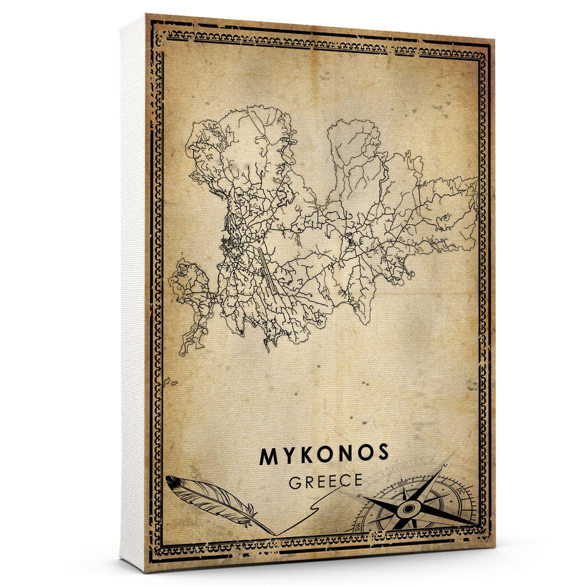 Mykonos Vintage Map Prints Canvas, Greece Map Art Canvas, Canvas ...
