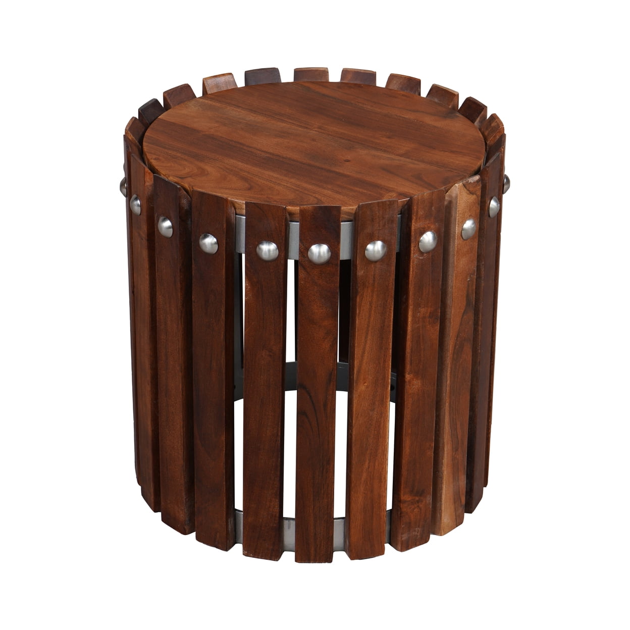 Myla 15 Inch Handcrafted Round Side End Table with Vertical Planks Iron ...