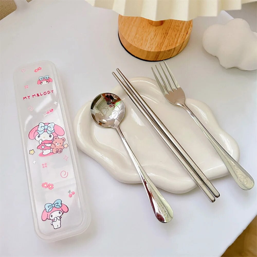 Mymelody Kawaii Anime Tableware Set Sanrio Spoon Fork Chopstick Cutlery ...
