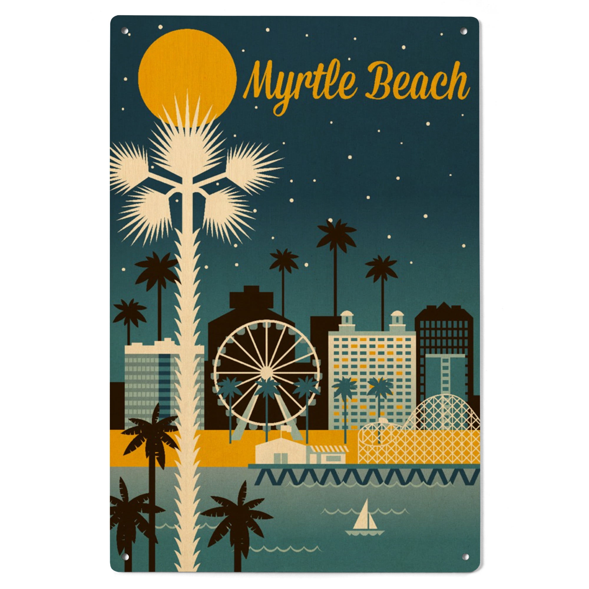 Myrtle Beach, South Carolina, Retro Skyline Classic Series Birch Wood ...