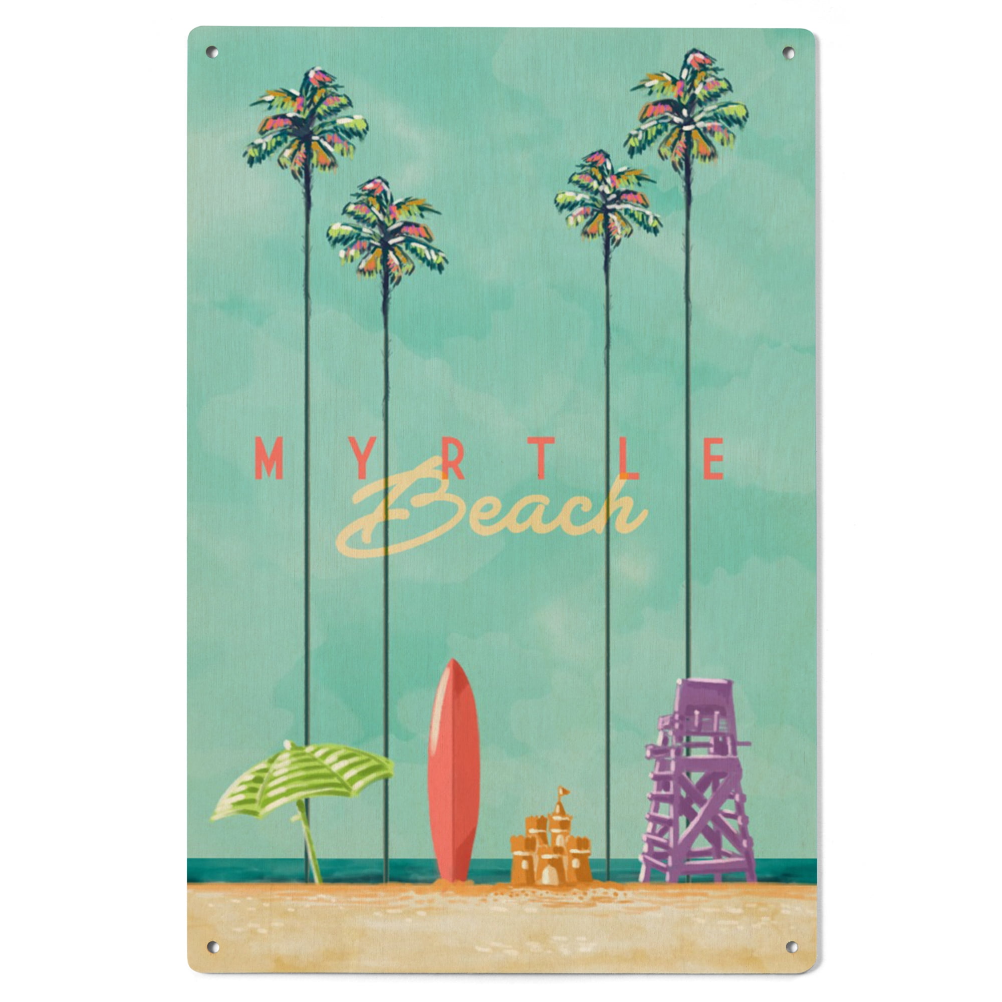 Myrtle Beach, South Carolina, Tall Palms Beach Scene Birch Wood Wall ...
