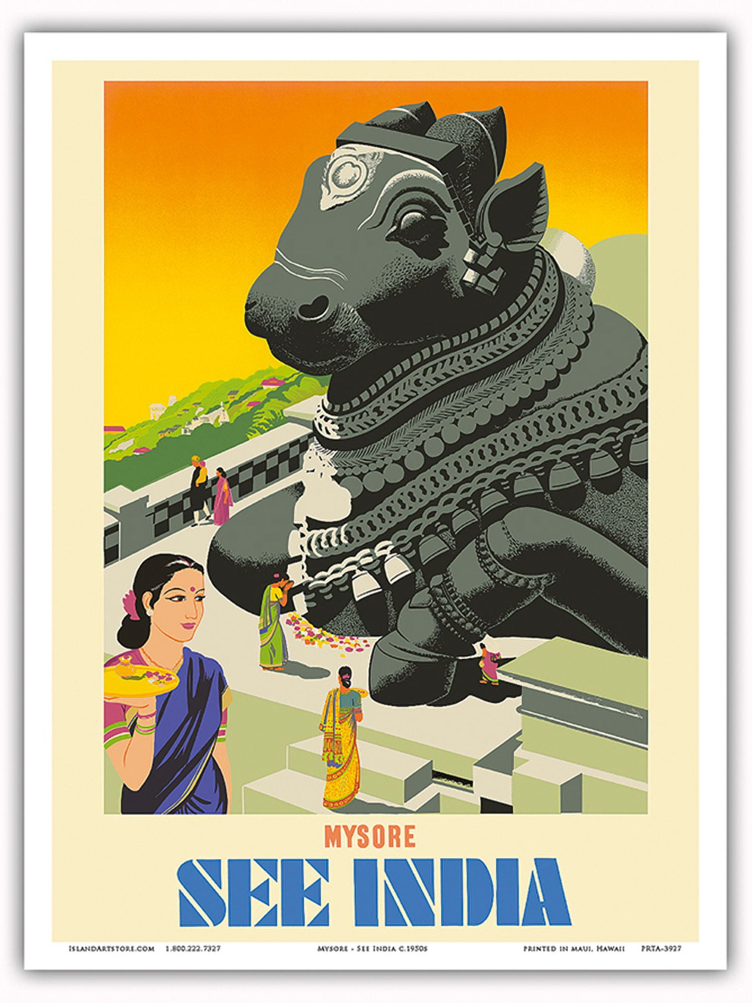 Mysore - See India - Sitting Nandi Bull Statue - Vintage Travel Poster ...