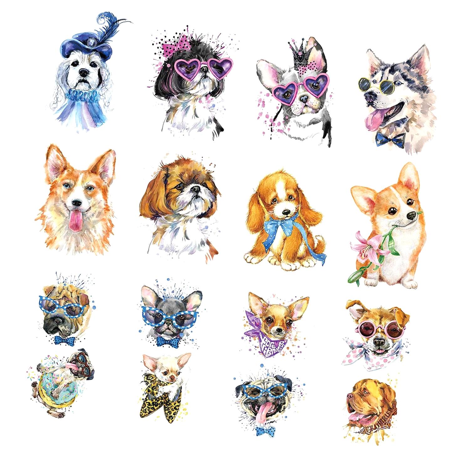 Myst Design 16-Piece Watercolor Dog Tattoos, 12 Sheets of Temporary ...