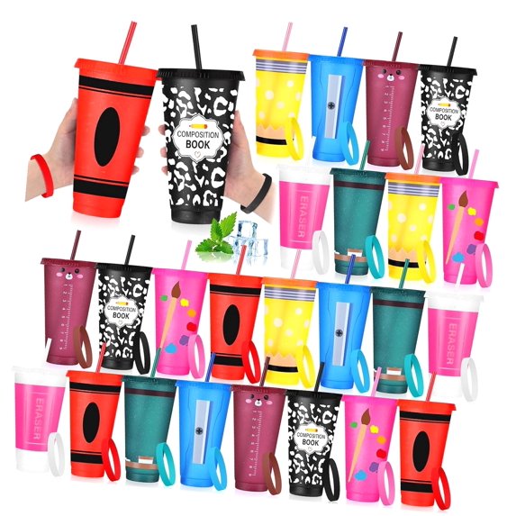 Myst Design 24 Set/48 Pcs Back to 24 oz Plastic Cups with Straws and ...