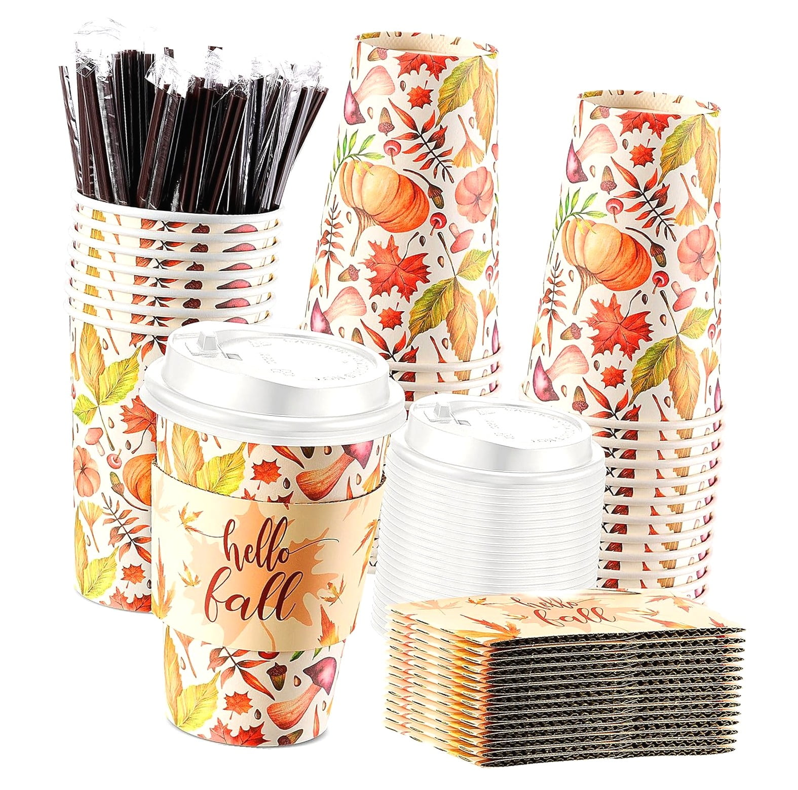 Myst Design 50 Set 16 oz Fall Party Coffee Cups, Pumpkin Maple Leaves ...