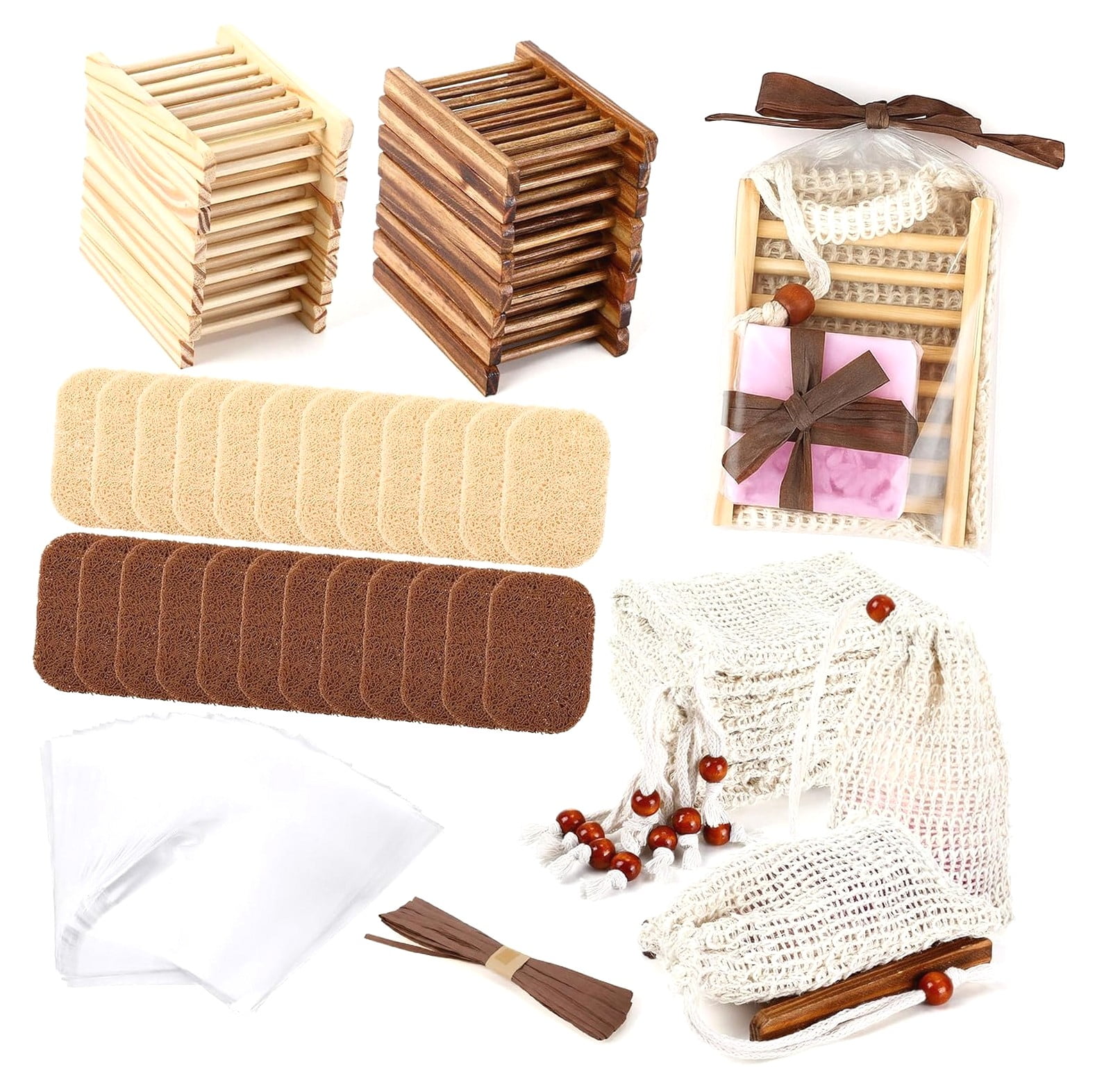 Myst Design 72 Pcs Soap Saver Set Wooden Dish Exfoliating Bag Saver Bulk with Self Drain Comes ...