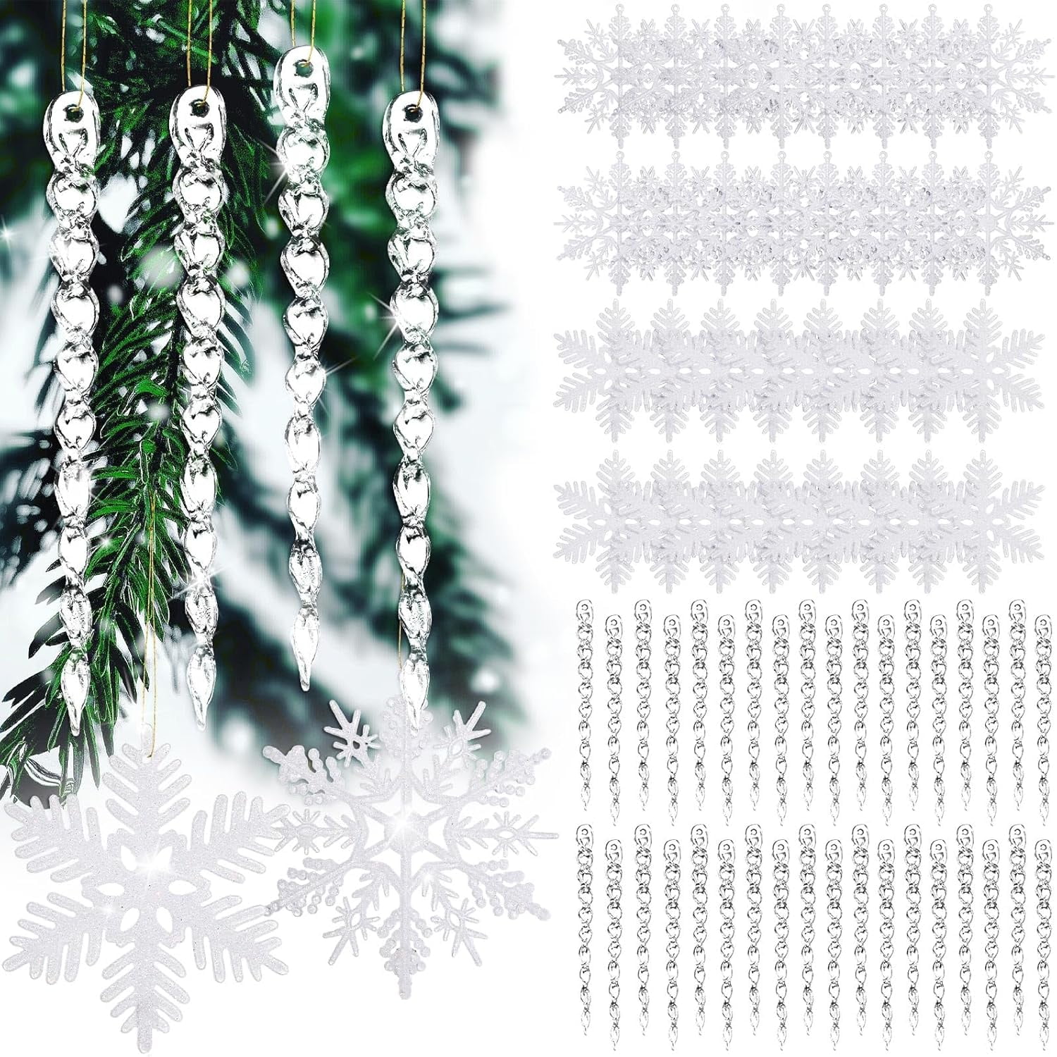 Myst Design 72 Pieces Snowflake Icicle Ornaments for Christmas Tree ...