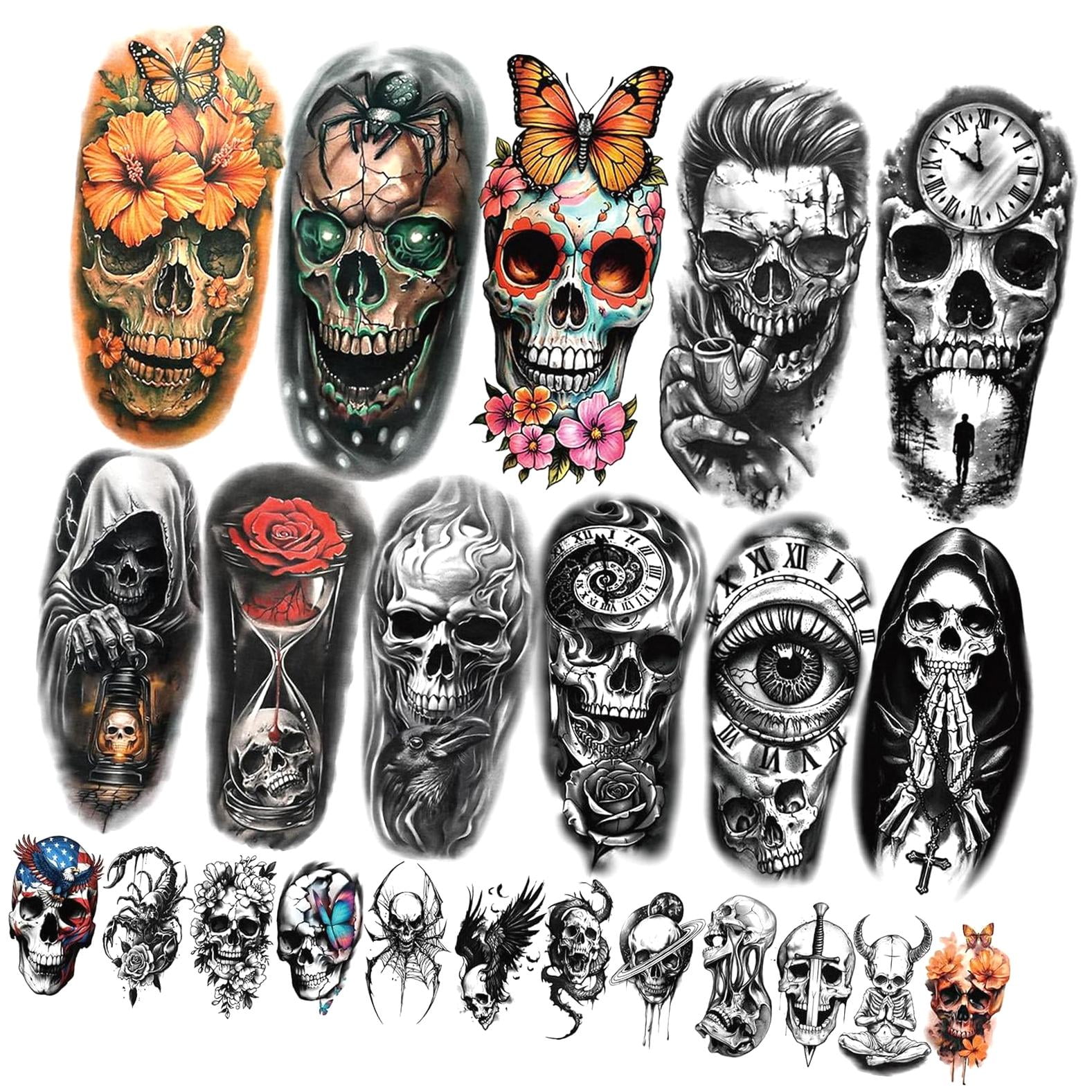 Myst Design 77 Sheets Temporary Tattoo, 17 Sheets Half Arm Skull Fake ...