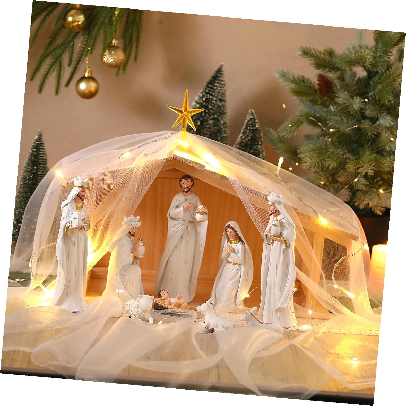 Myst Design Christmas Wooden Nativity Manger with White Gauze and Roof ...