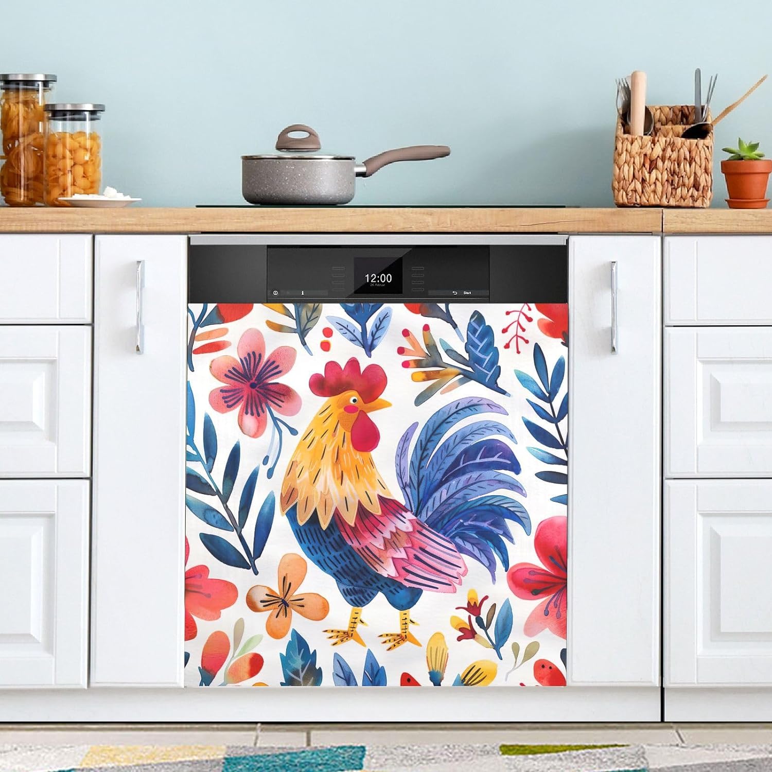 Myst Design Doodle Rooster and Flower Pattern Dishwasher Magnet Lid ...