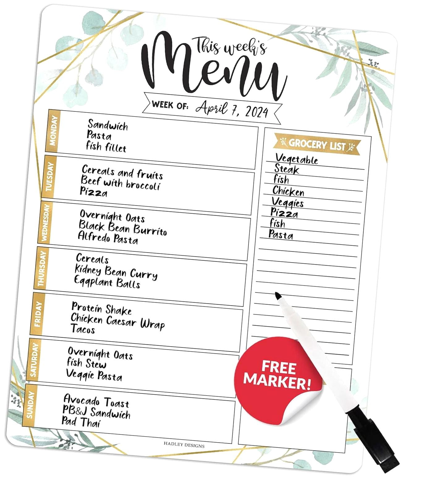 Myst Design Greenery Weekly Dinner Menu Board For Kitchen-Magnetic Meal ...