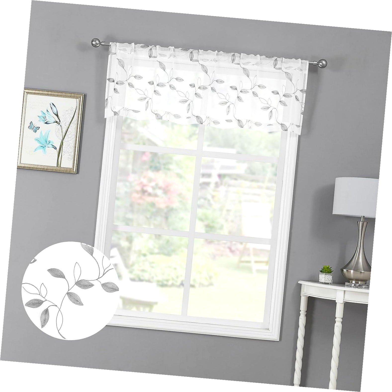 Myst Design Grey Sheer Valance with Leaves Embroidered Living Room ...