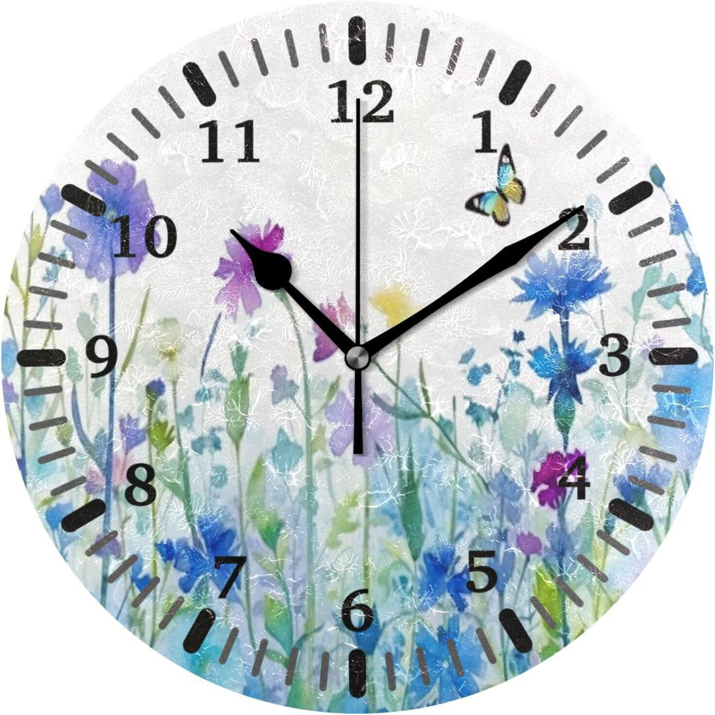 Myst Design Watercolor Flowers Butterflies Silent Non-Ticking Wall ...