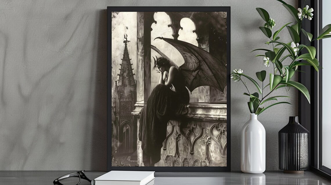 Mysterious Gothic Dark Angel Art Print, Winged Woman On Gothic Balcony ...