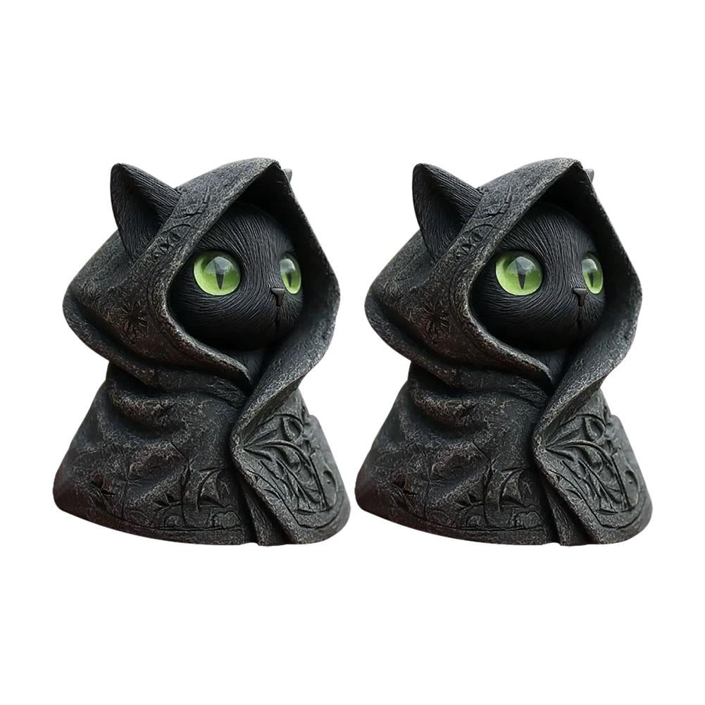 Mysterious Hooded Cat Figurine, Halloween Gothic Cat Statue with Cloak ...