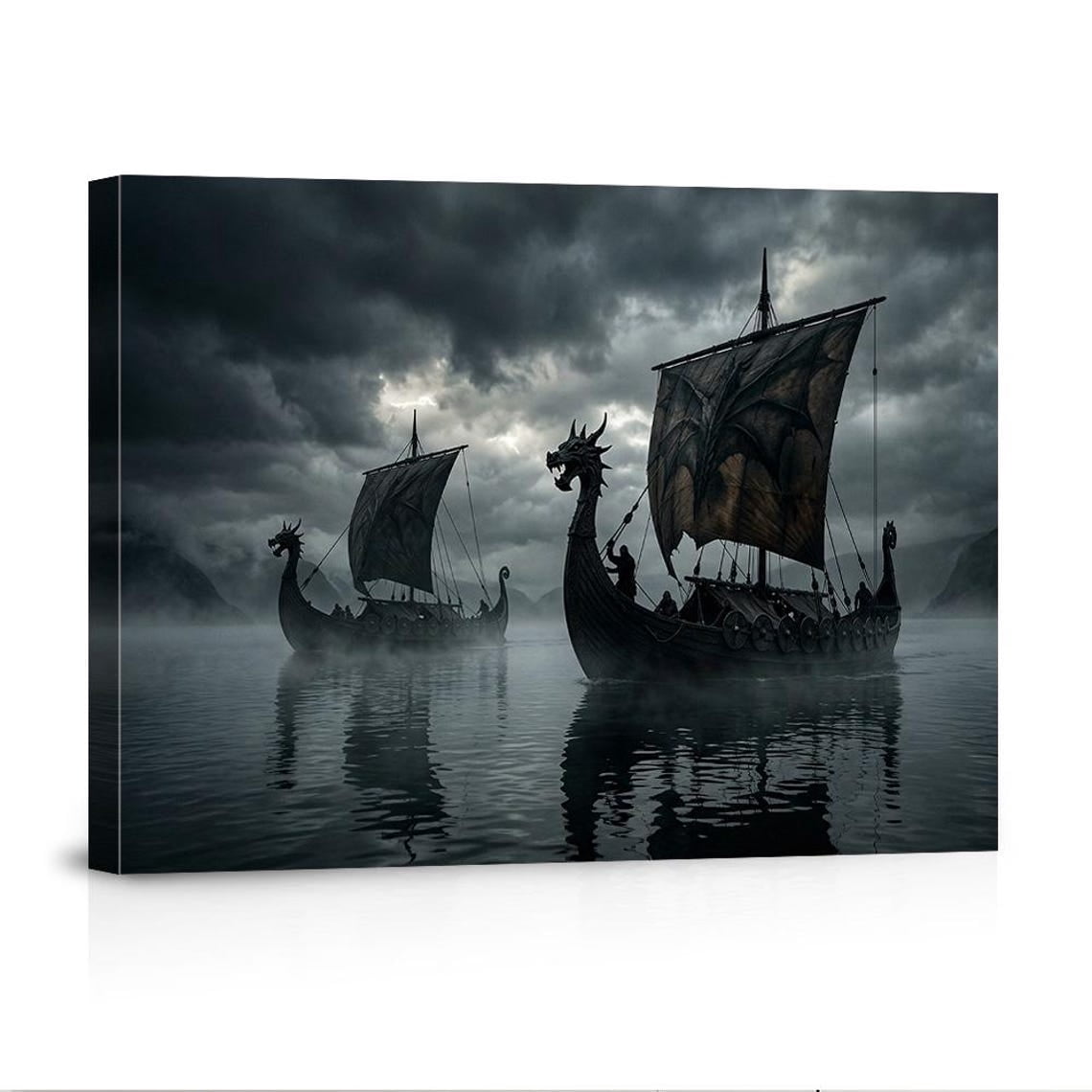 Mysterious Viking Longships With Dragon Heads Sailing On Misty Calm ...