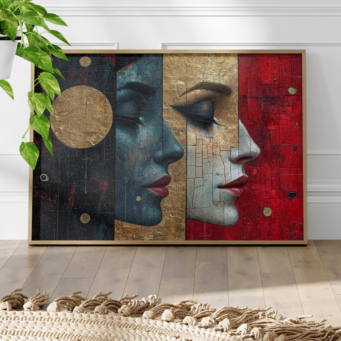 Mysterious Woman Face Wall Art Red Gold Aesthetic Decor, Unframed ...