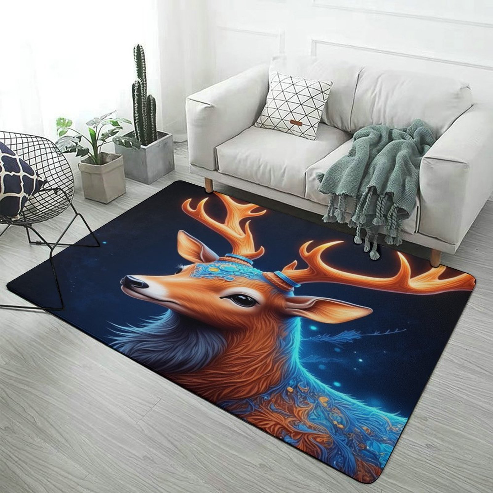Mystic Deer with Blue Patterns Carpet Style Living Room Bedroom Rug ...