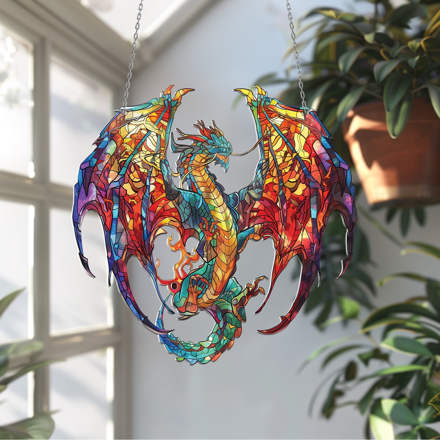 Mystic Dragons Acrylic Hanging - Stained Glass Style, Enthralling Piece for Fantasy Lovers ...