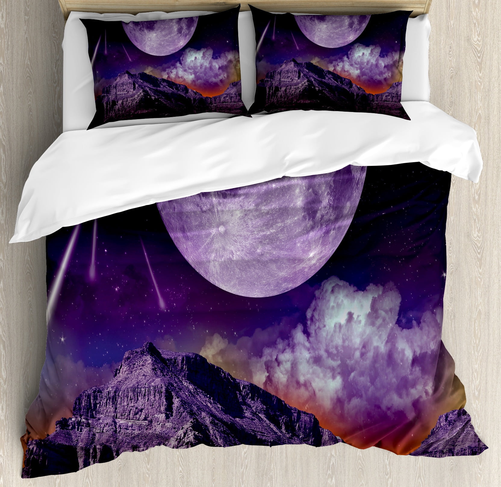 Mystic Duvet Cover Sets, Fantasy Dark Night in Earth Cosmos Galaxy Planet Celestial Large Moons ...