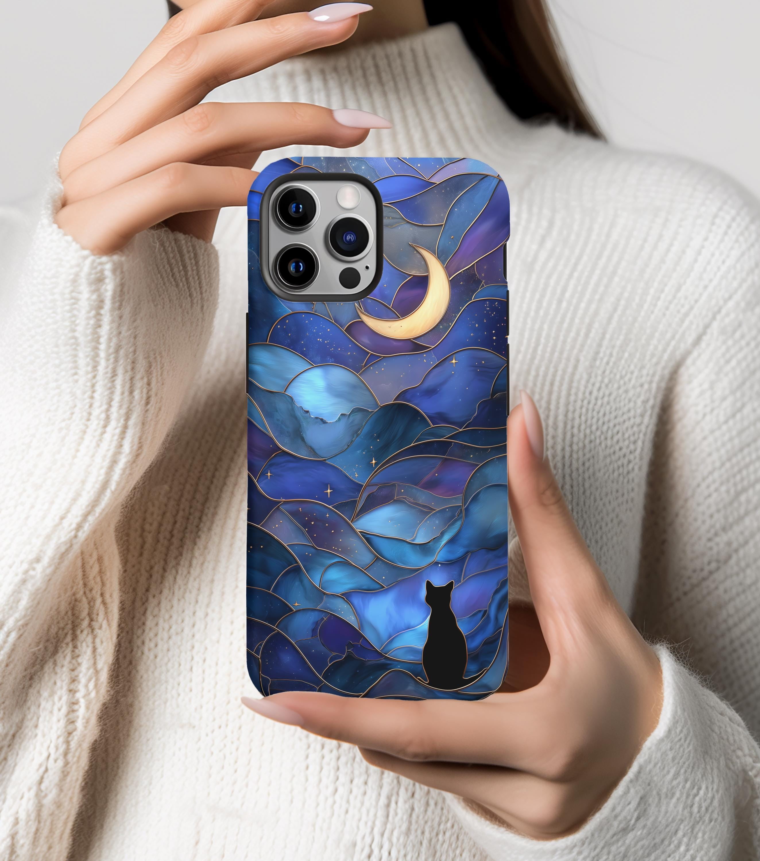 Mystic Moon Cat Stained Glass Night Sky Case for iPhone 17 through 11 ...