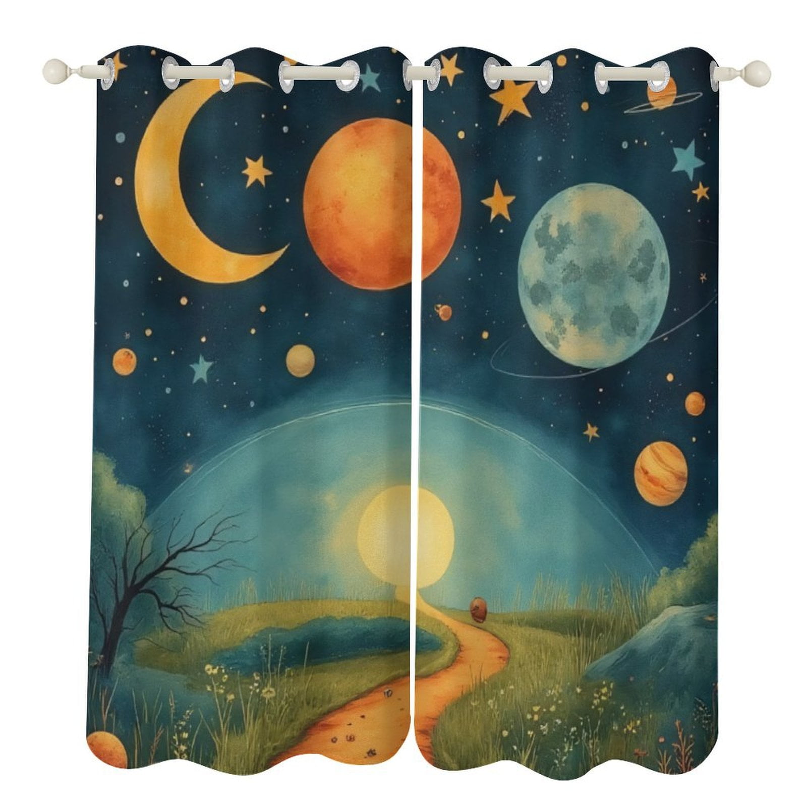 Mystic Night Sky Landscape 2 Panels 3D Printing Pattern Curtain for Bedroom Living Room Kitchen ...