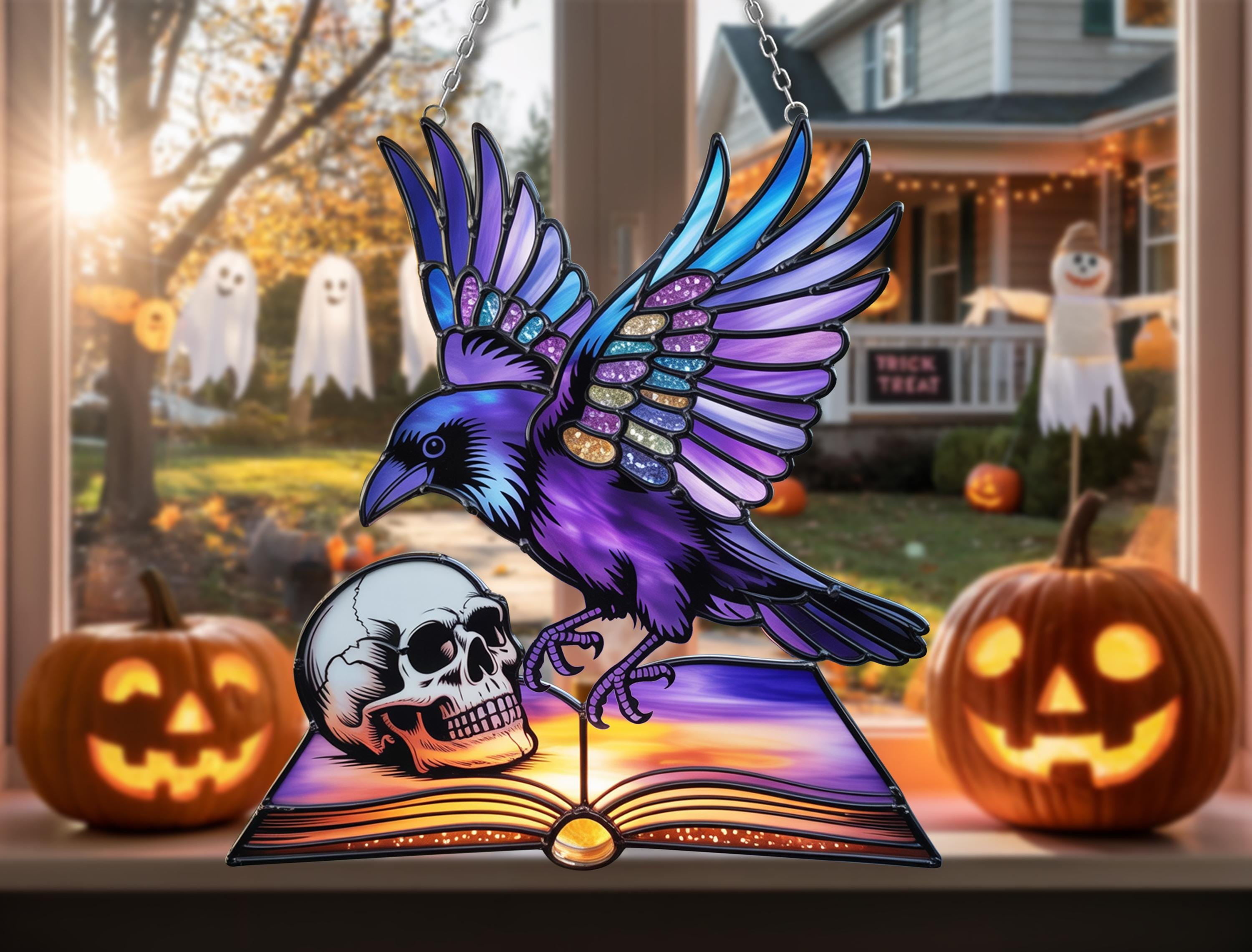 Mystic Raven and Skull Suncatcher â€“ Gothic Wavy Acrylic Window Art ...