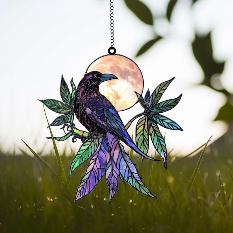 Mystic Raven with Leaves Acrylic Suncatcher | Full Moon Window Hanging ...